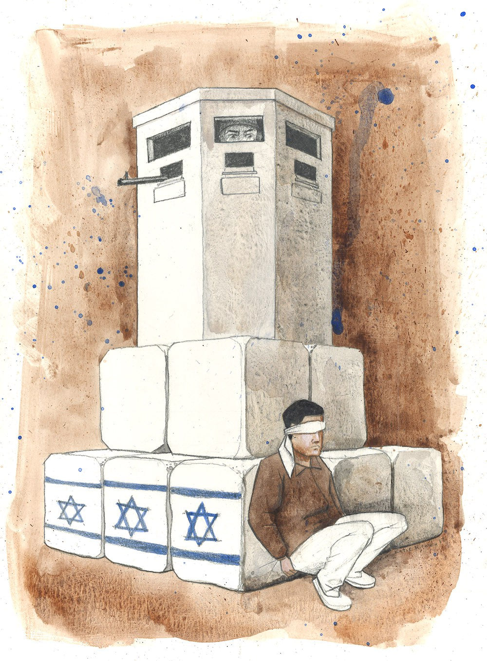 Detention near Israeli guard tower original illustration framed and ma